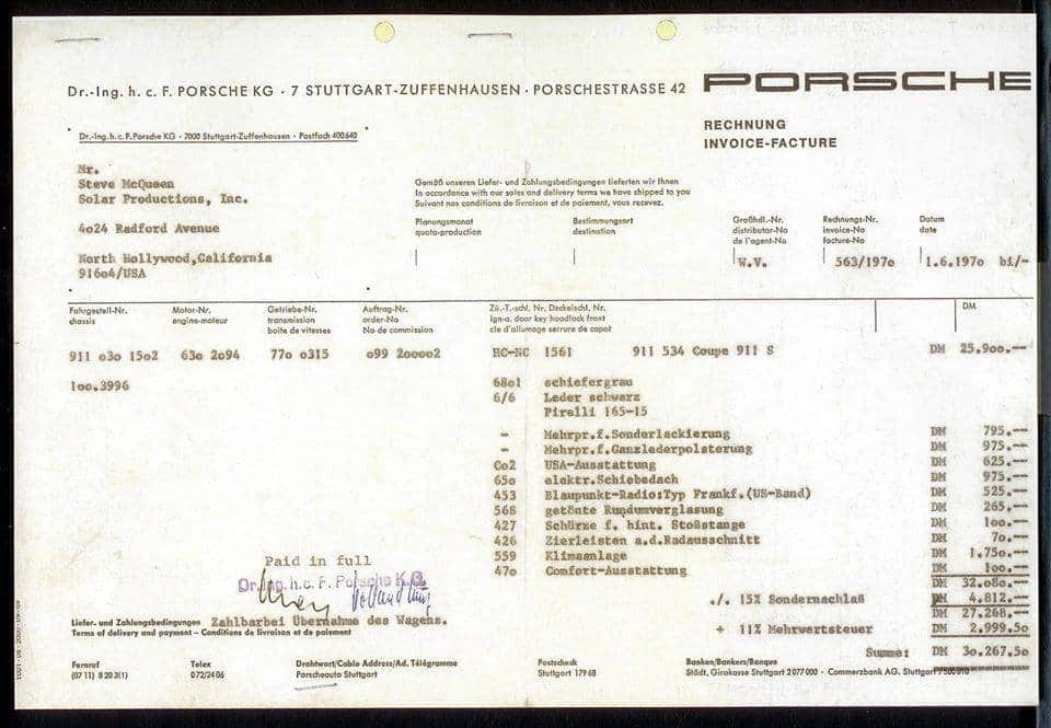 Steve McQueen’s Porsche-911S (chassis 91 030 1502) invoice | Porsche ...