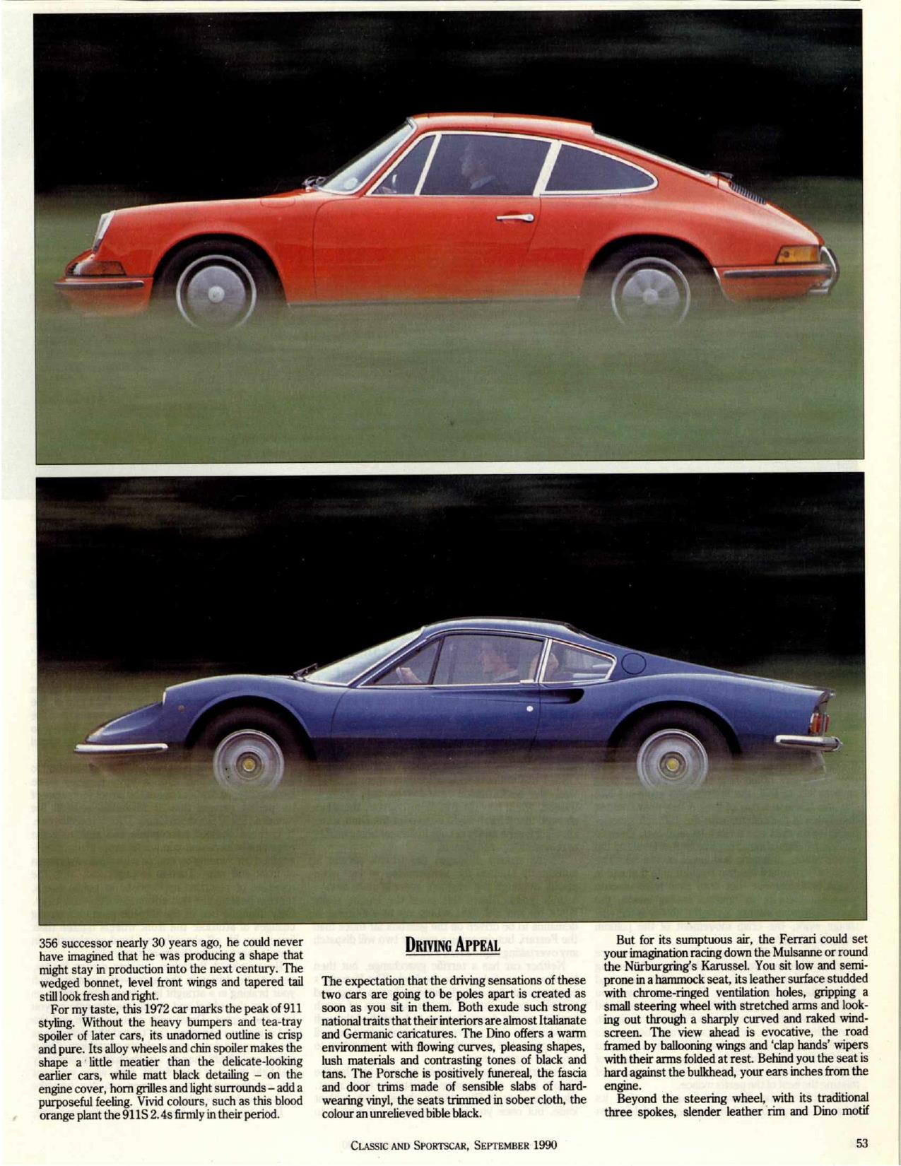 Porsche 911 S 2.4 vs Ferrari Dino 246 GT (Classic & Sportscar mag., 09/ ...