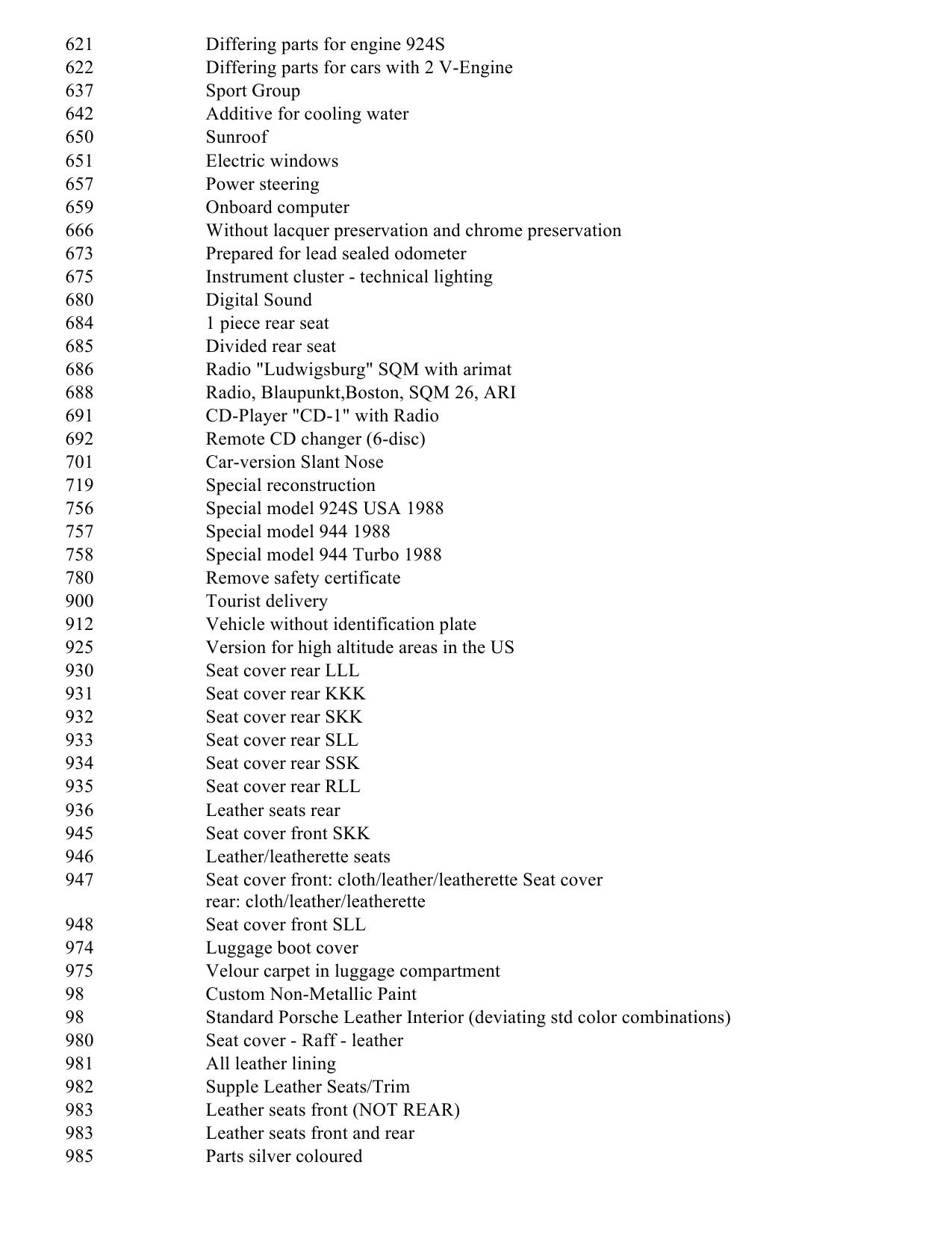 Porsche 944 & 951 & 968 option codes | Porsche cars history