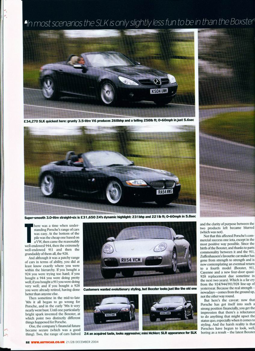 Porsche 987 Boxster vs Mercedes SLK 350 vs BMW Z4 (Autocar mag., 12/ ...
