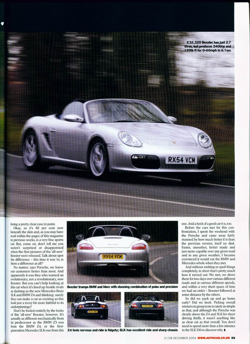 Porsche 987 Boxster vs Mercedes SLK 350 vs BMW Z4 (Autocar mag., 12/ ...