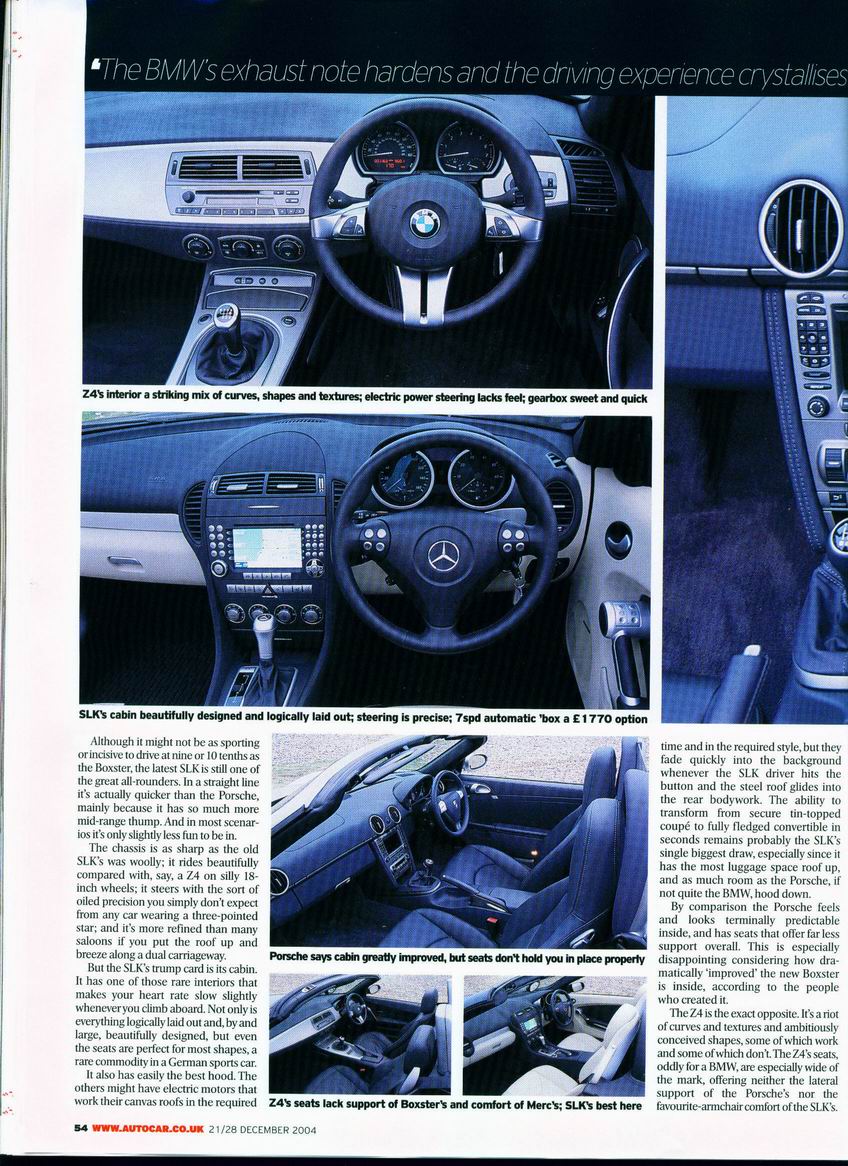 Porsche 987 Boxster vs Mercedes SLK 350 vs BMW Z4 (Autocar mag., 12/ ...