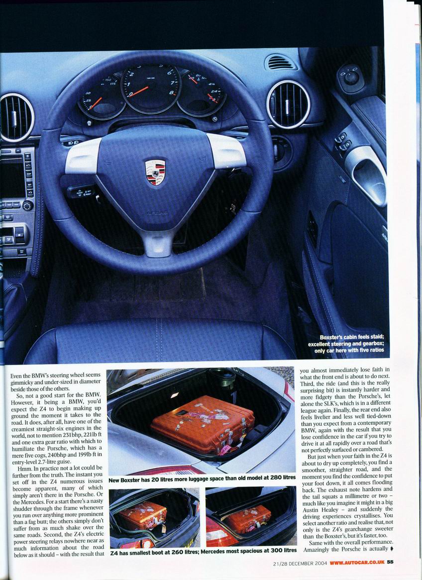 Porsche 987 Boxster vs Mercedes SLK 350 vs BMW Z4 (Autocar mag., 12/ ...