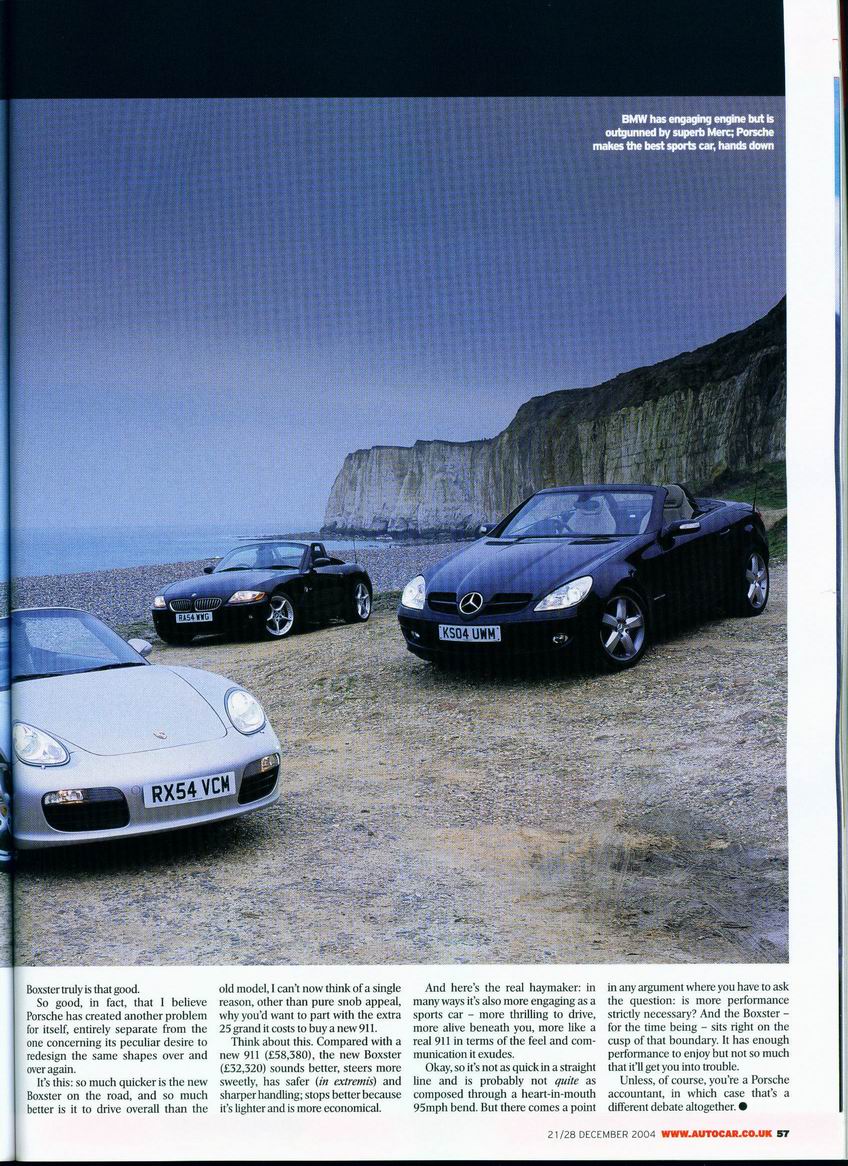 Porsche 987 Boxster vs Mercedes SLK 350 vs BMW Z4 (Autocar mag., 12/ ...