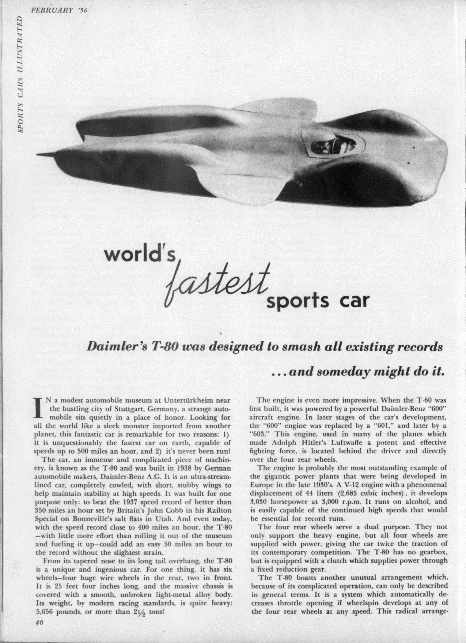 Mercedes T80 (Sports Cars Illustrated mag., 02/1956) | Porsche cars history