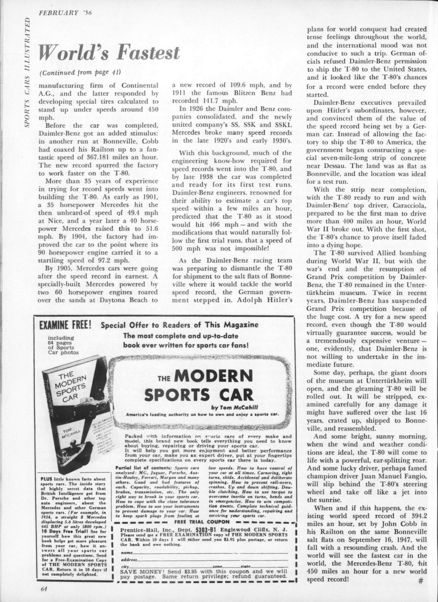 Mercedes T80 (Sports Cars Illustrated mag., 02/1956) | Porsche cars history